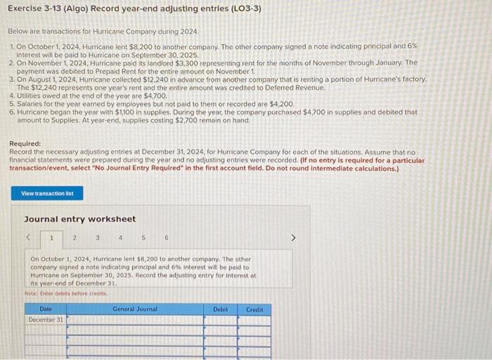 Solved Exerclse 3-13 (Algo) Record year-end adjusting | Chegg.com