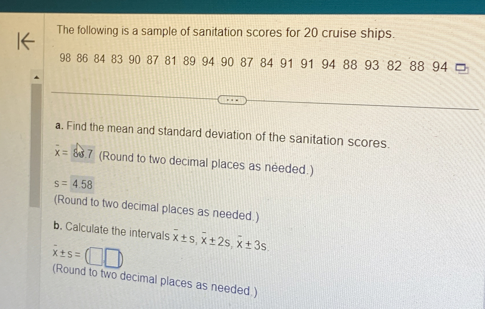 Solved The following is a sample of sanitation scores for 20 | Chegg.com