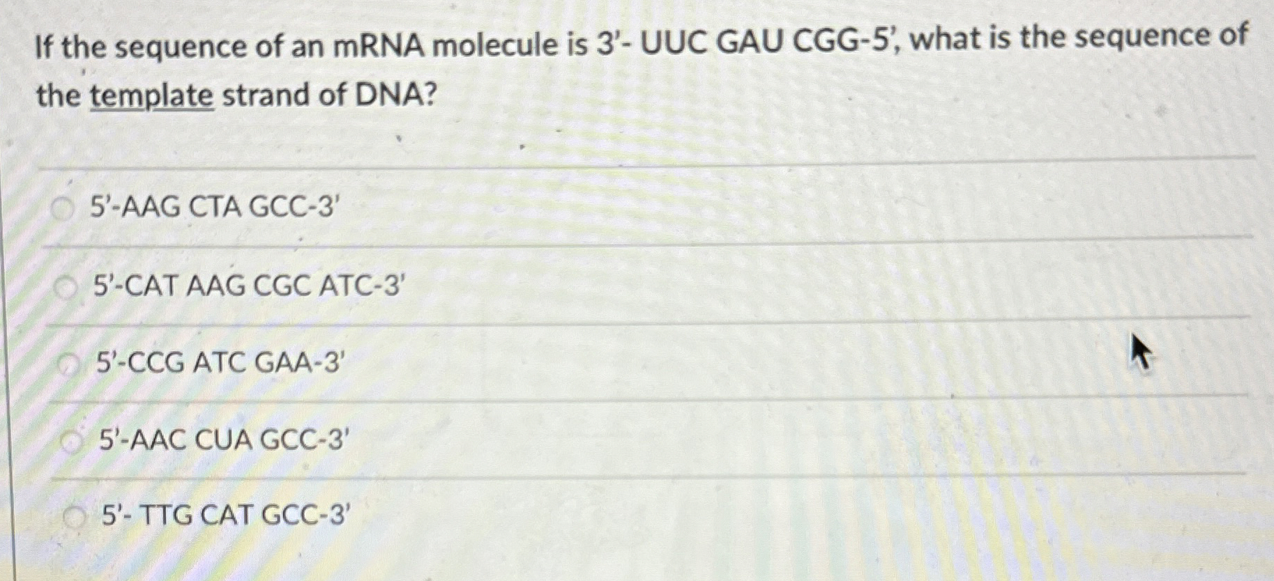 Solved If the sequence of an mRNA molecule is 3' - ﻿UUC GAU | Chegg.com