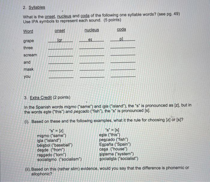 2. Syllables What is the onset, nucleus and coda of | Chegg.com