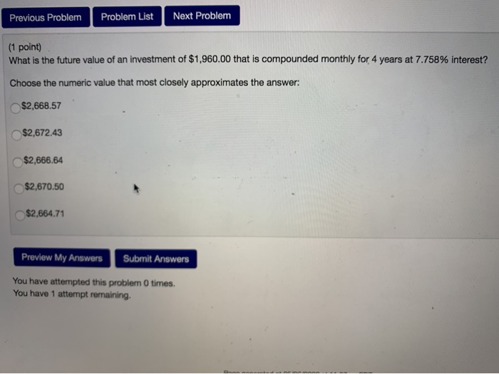 Solved Previous Problem Problem List Next Problem 1 Point 7868