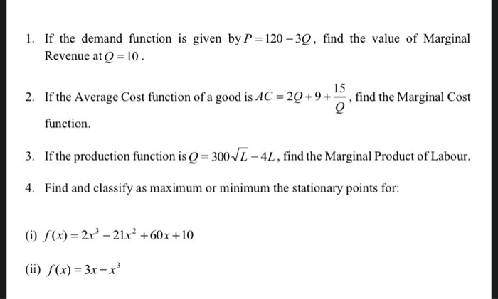 Solved 1. If the demand function is given by P= 120 -3Q, | Chegg.com