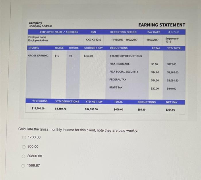 Solved Company Calculate the gross monthly income for this | Chegg.com
