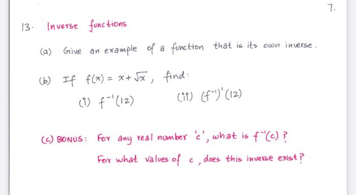 Solved 7. 13 Inverse functions (a) Give an example of a | Chegg.com