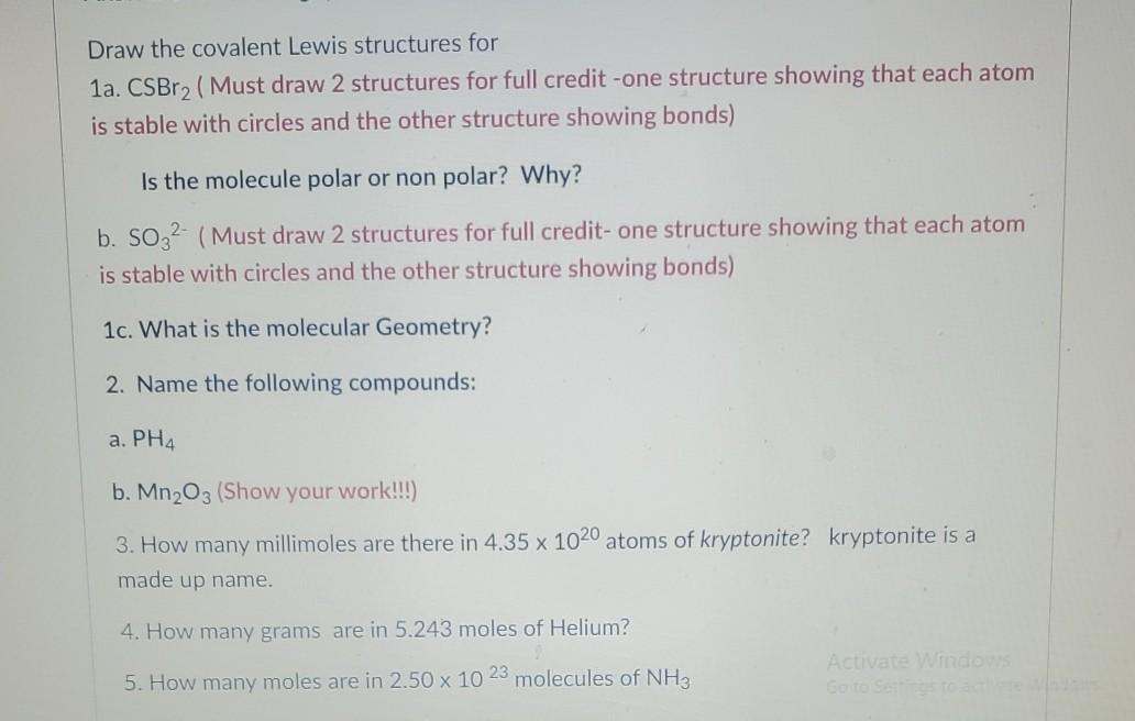 Solved Draw the covalent Lewis structures for 1a. CSBr2 ( | Chegg.com