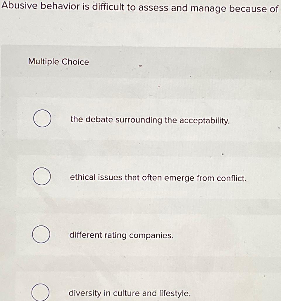 Solved Abusive behavior is difficult to assess and manage | Chegg.com