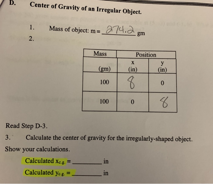 Solved Center of Gravity of an Irregular Object. 1. Mass of | Chegg.com