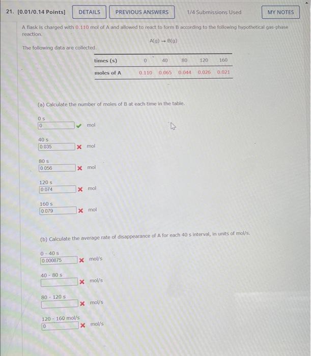 Solved A flask is charged with 0.110 mol of A and allowed to | Chegg.com