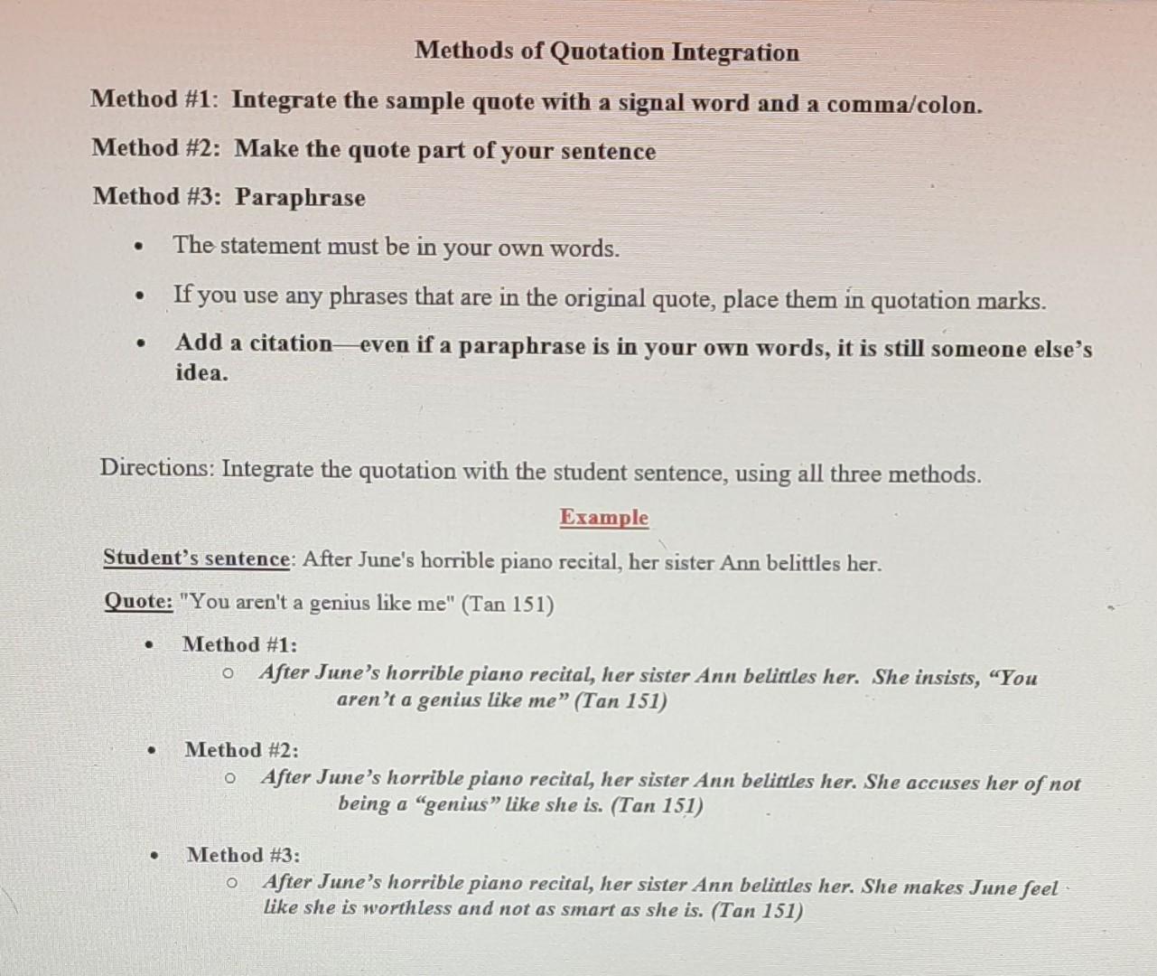 Methods of Quotation Integration Method \#1: | Chegg.com