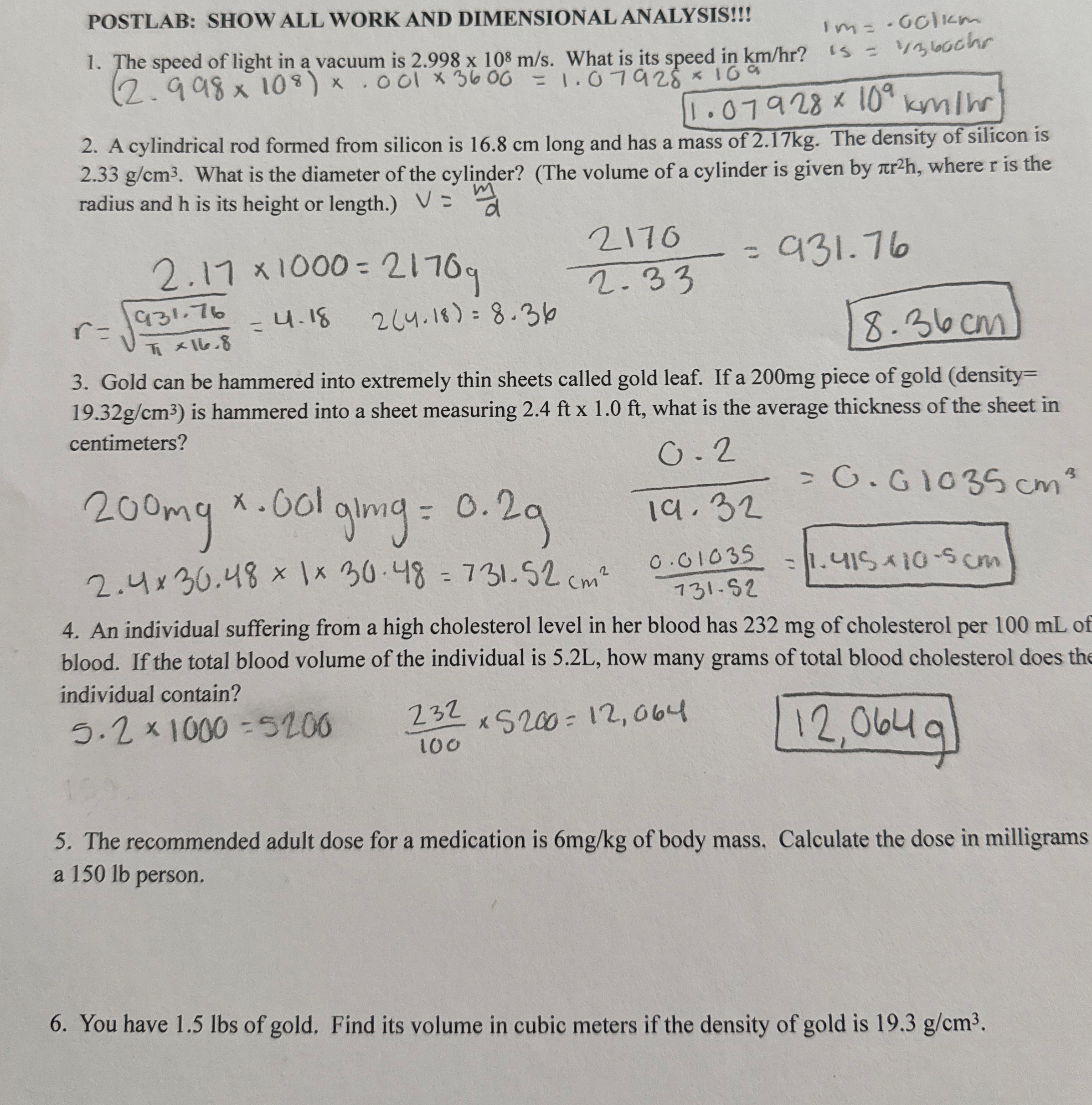POSTLAB: SHOW ALL WORK AND DIMENSIONAL | Chegg.com