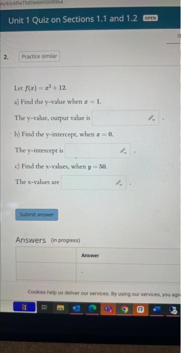 Solved Let f(x)=x2+12. a) Find the y-value when x=1. The | Chegg.com