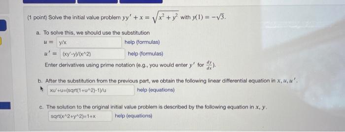 Solved (1 point) Solve the initial value problem yy′+x=x2+y2 | Chegg.com