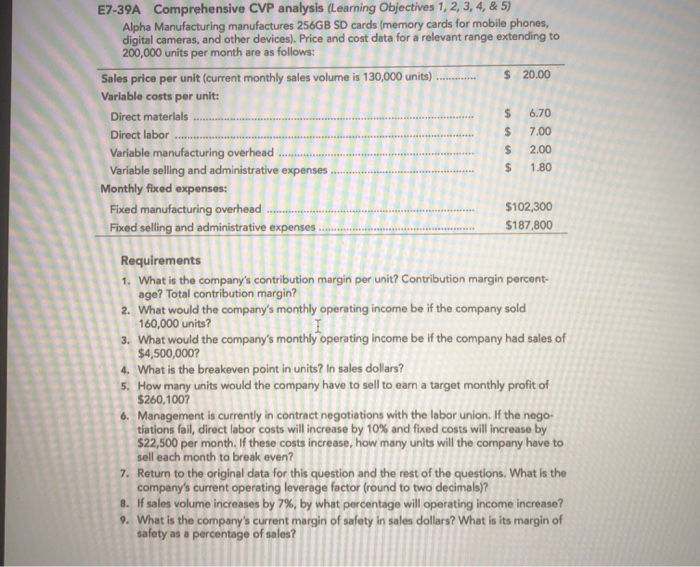 Solved E7-39A Comprehensive CVP analysis (Learning | Chegg.com