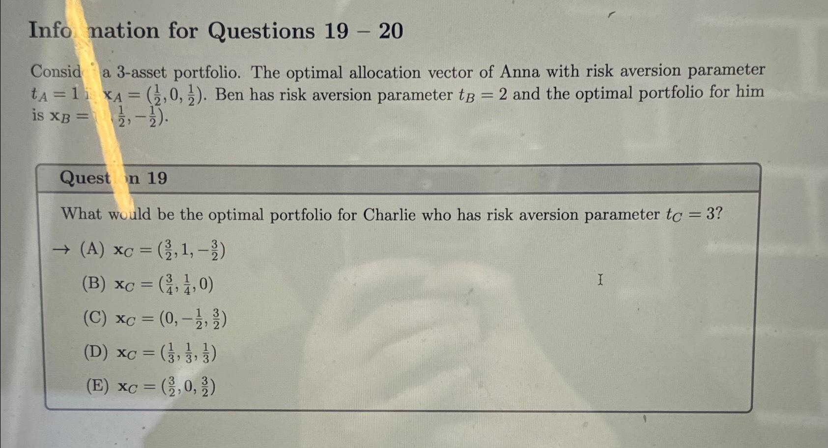 Solved Info nation for Questions 19-20Consid a 3-asset | Chegg.com