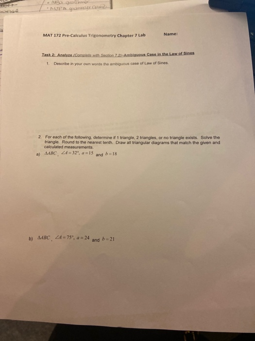 MAT 172 Pre-Calculus Trigonometry Chapter 7 Lab Name: | Chegg.com