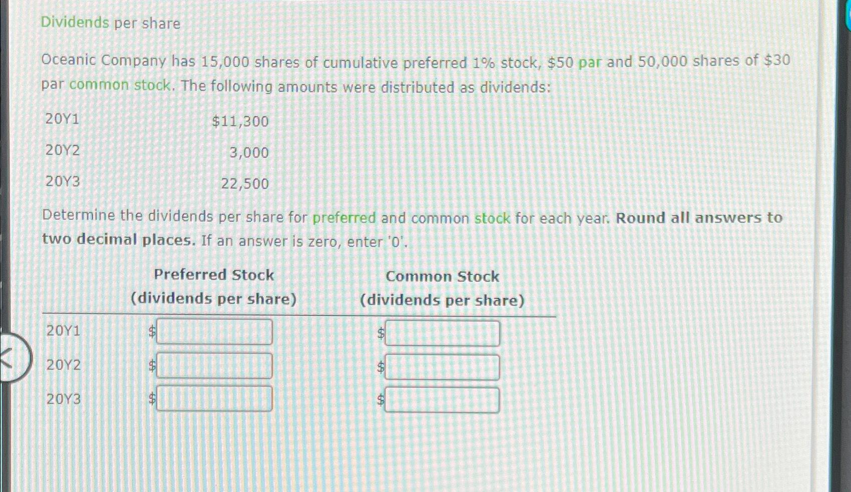 Solved Dividends per shareOceanic Company has 15,000 ﻿shares | Chegg.com