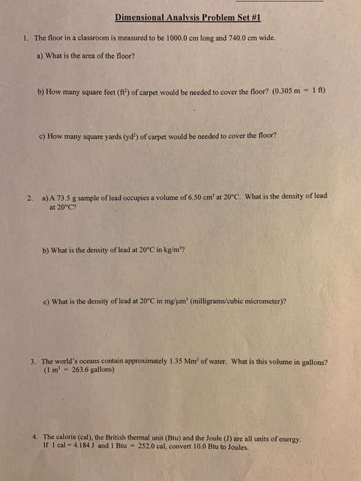 Solved Dimensional Analysis Problem Set #1 1. The floor in a | Chegg.com