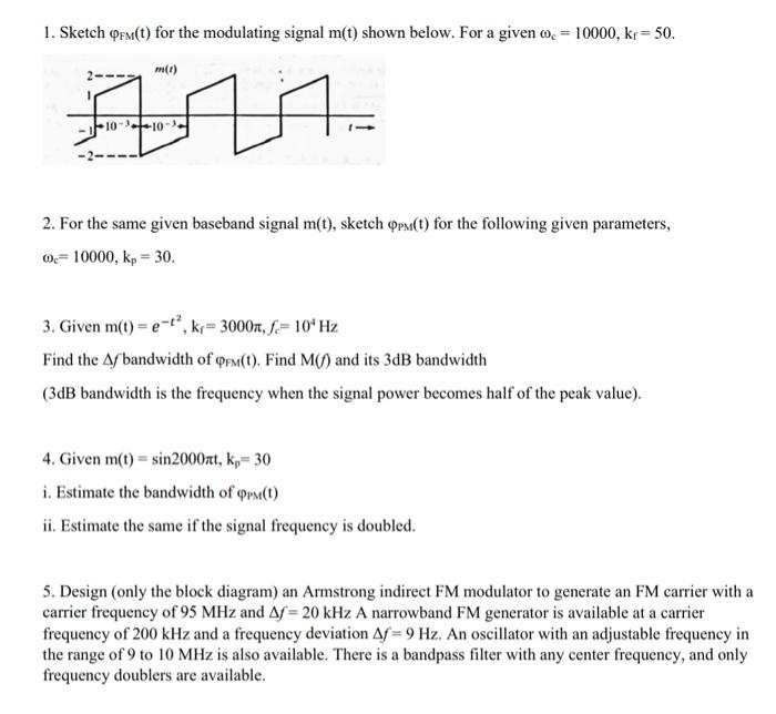 Solved 1. Sketch Orm(t) for the modulating signal m(t) shown | Chegg.com