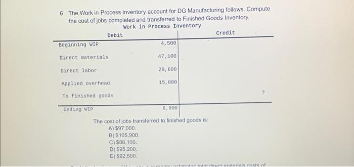 Solved 6. The Work in Process Inventory account for DG | Chegg.com