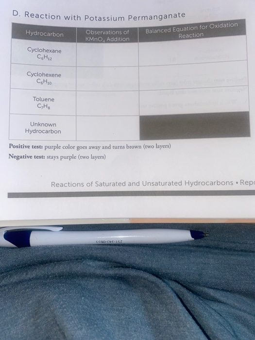 Solved D. Reaction with Potassium Permanganate Hydrocarbon | Chegg.com