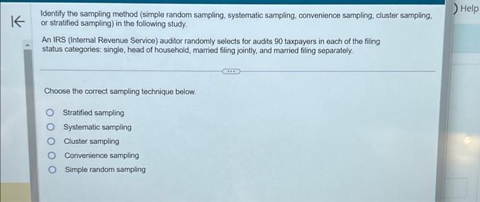 Solved Identify the sampling method (simple random sampling, | Chegg.com