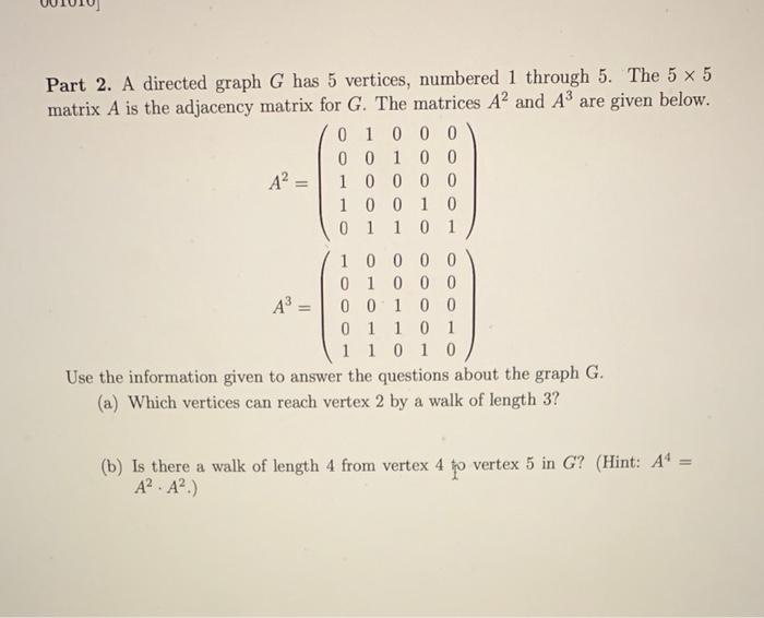 Solved Part 2. A directed graph G has 5 vertices, numbered 1 | Chegg.com