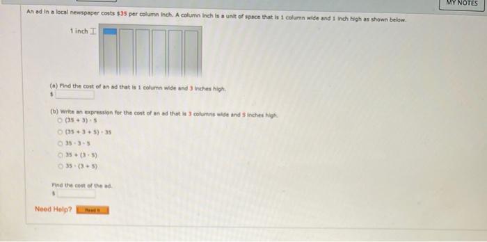 Solved MY NOTES An ad in a local newspaper costs $35 per | Chegg.com