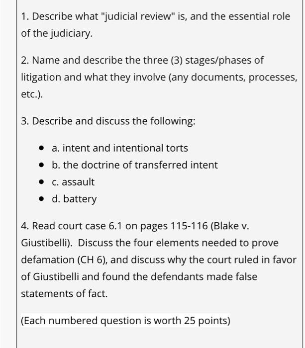 Solved 1. Describe what "judicial review" is, and the | Chegg.com