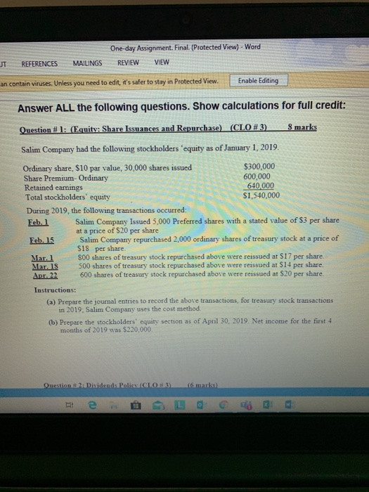 Solved One-day Assignment. Final. (Protected View) - Word | Chegg.com