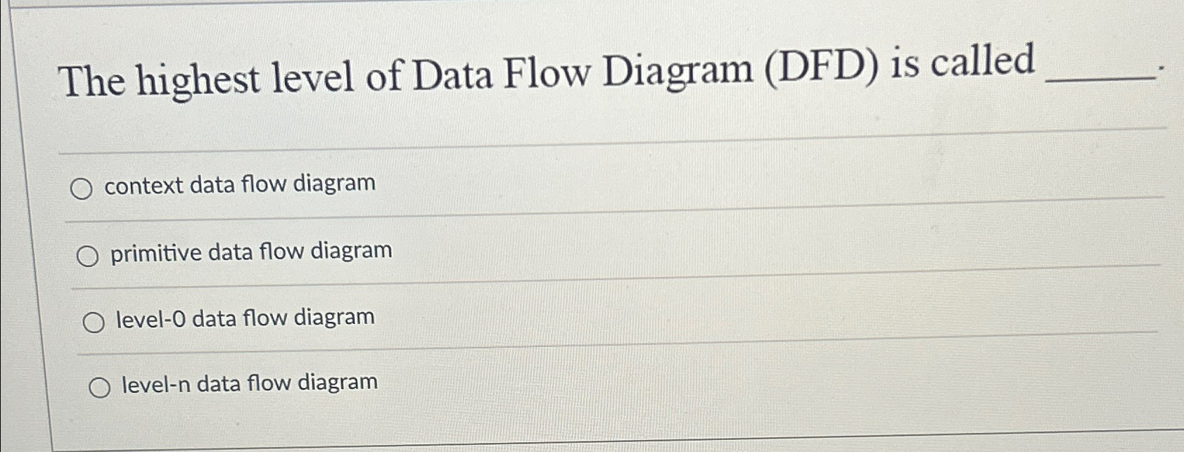 Solved The highest level of Data Flow Diagram (DFD) ﻿is | Chegg.com