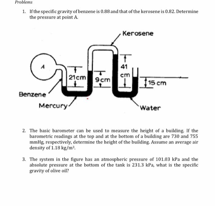 Solved Problems 1. If the specific gravity of benzene is | Chegg.com
