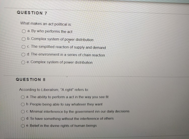 Solved QUESTION 7 What makes an act political is: O a. By | Chegg.com