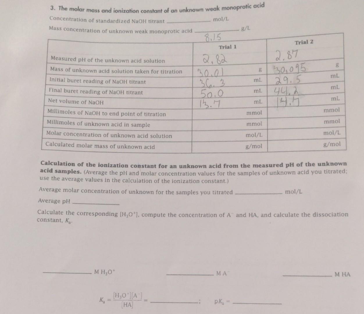 3. The molar mass and ionization constant of an | Chegg.com