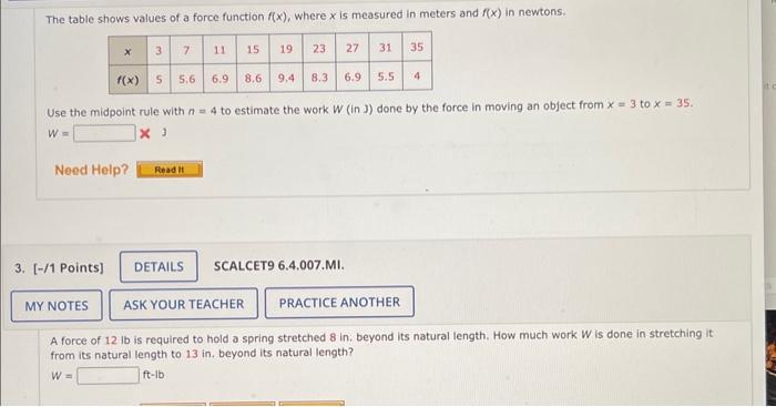 Solved The table shows values of a force function f(x), | Chegg.com
