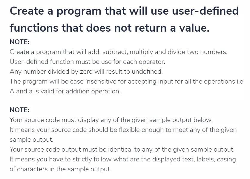 Solved Create a program that will use user-defined functions | Chegg.com
