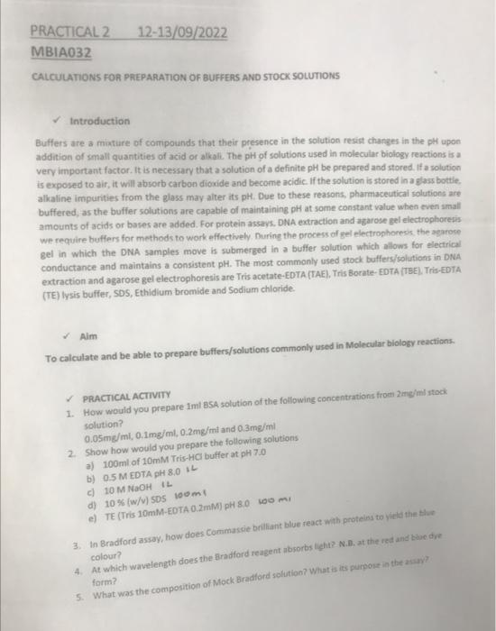 PRACTICAL 212−13/09/2022 MBIA032 CALCULATIONS FOA | Chegg.com