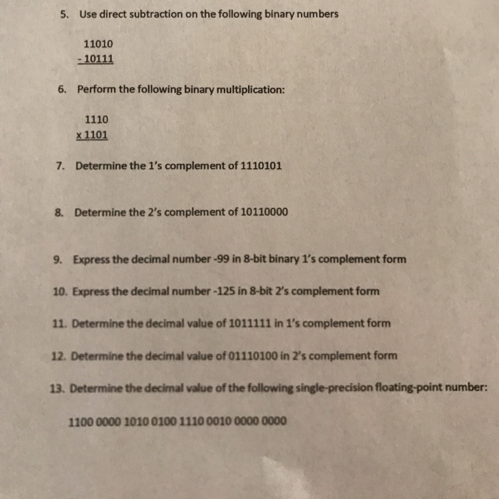 Solved 5. Use direct subtraction on the following binary | Chegg.com