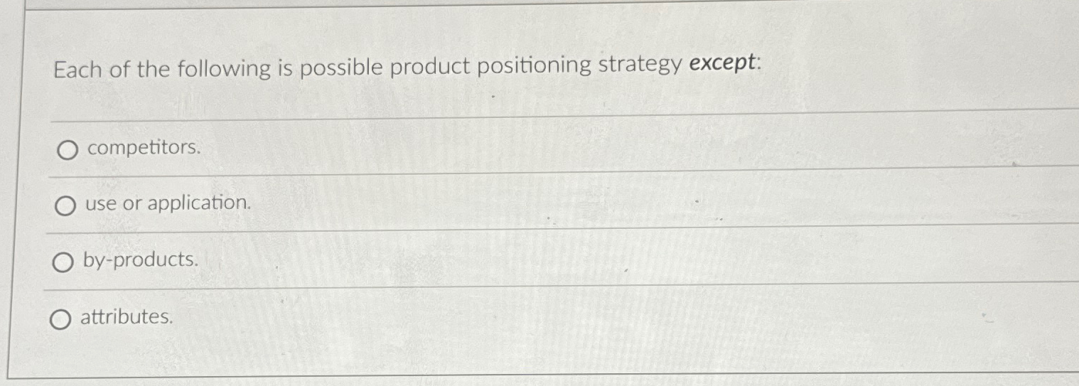 Solved Each of the following is possible product positioning | Chegg.com