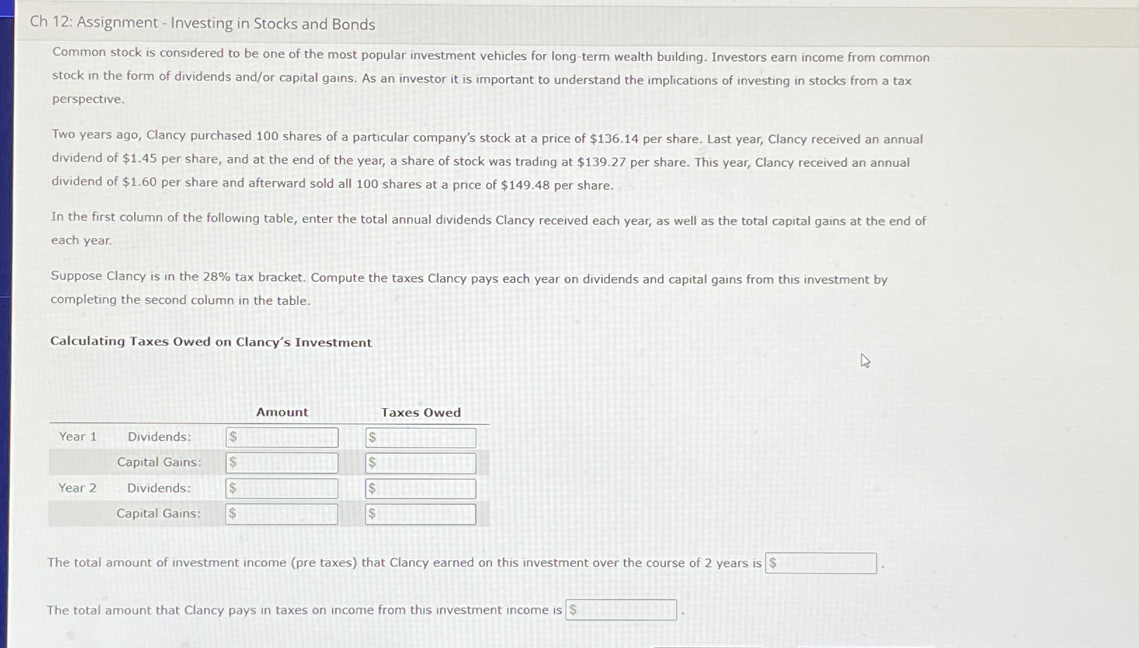 Solved Ch 12: Assignment - ﻿Investing in Stocks and | Chegg.com