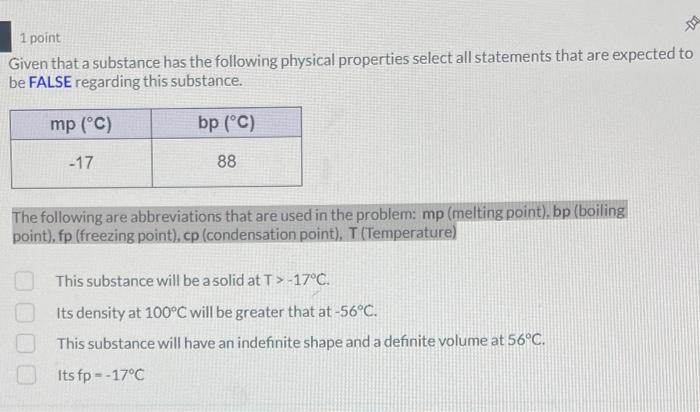 Solved 1 point Given that a substance has the following | Chegg.com