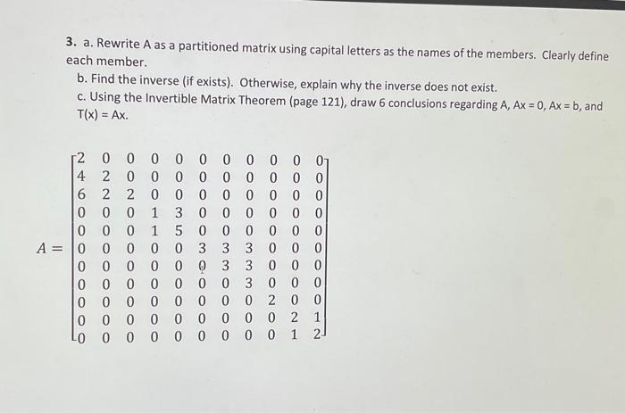Solved 3. a. Rewrite A as a partitioned matrix using capital | Chegg.com