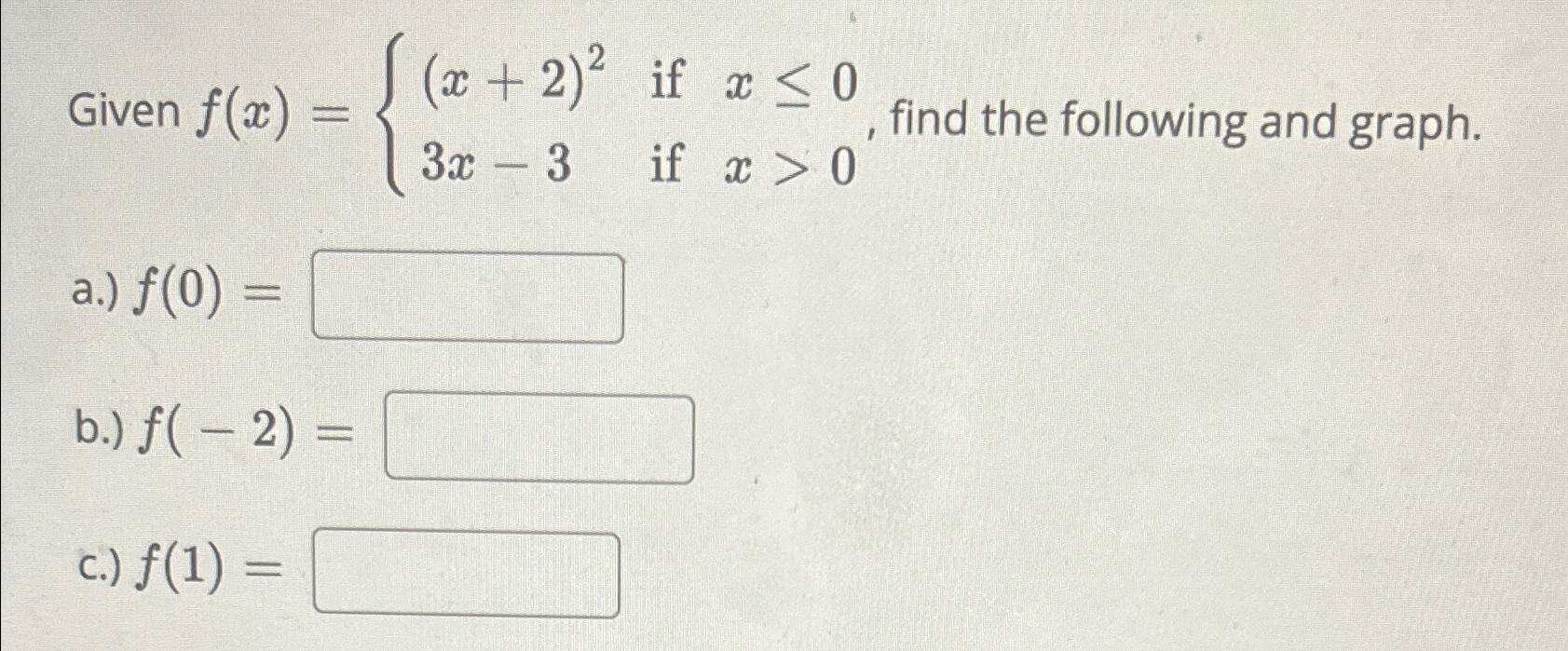 Solved Given f(x)={(x+2)2 if x≤03x-3 if x>0, ﻿find the | Chegg.com