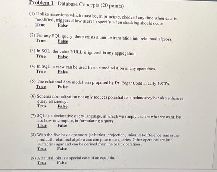Solved Problem 1 Database Concepts (20 points) (1) Unlike | Chegg.com