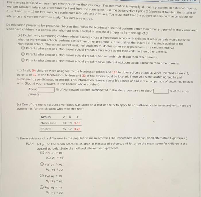 Solved This exercise is based on summary statistics rather | Chegg.com