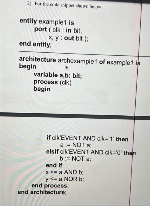 Solved 2) For the code snippet shown below entity example1 | Chegg.com