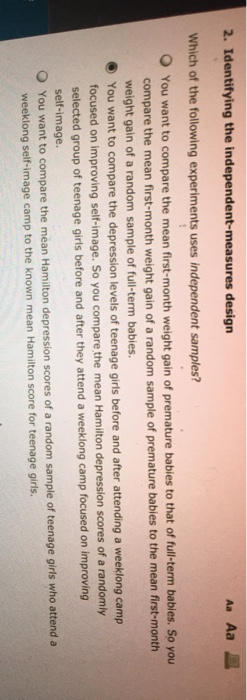 Solved 2. Identifying the independent-measures design Aa Aa | Chegg.com