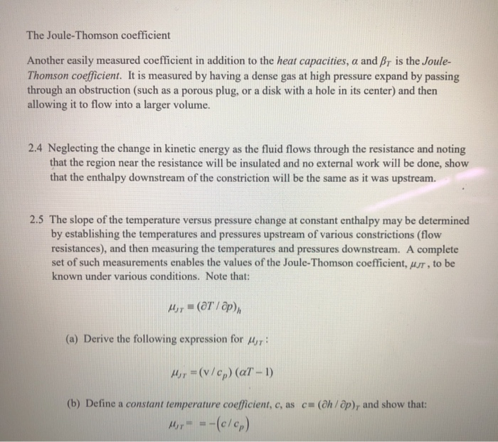Solved The Joule-Thomson coefficient Another easily measured | Chegg.com