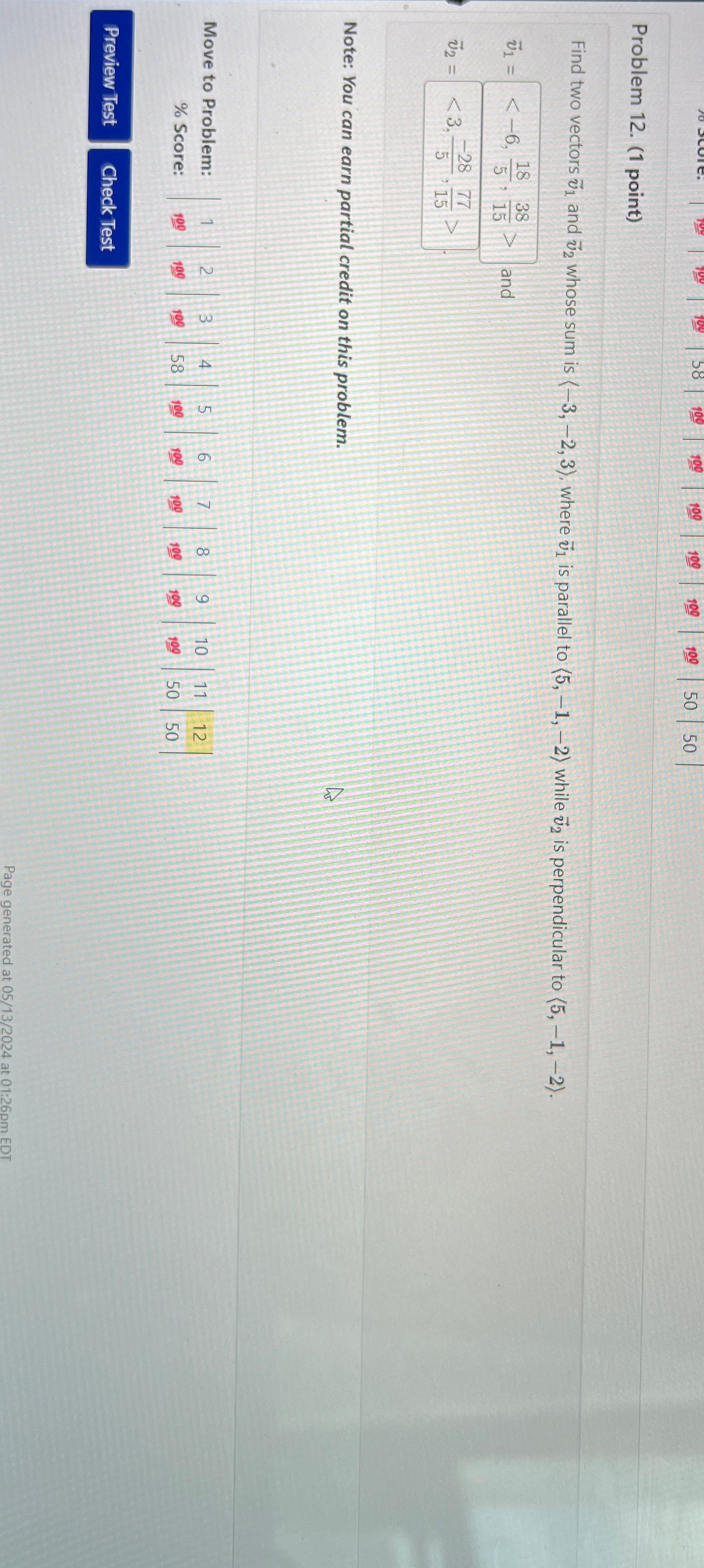 Solved Problem 12. (1 ﻿point)Find two vectors vec(v)1 ﻿and | Chegg.com