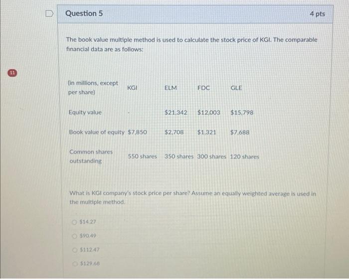 Solved The book value multiple method is used to calculate | Chegg.com