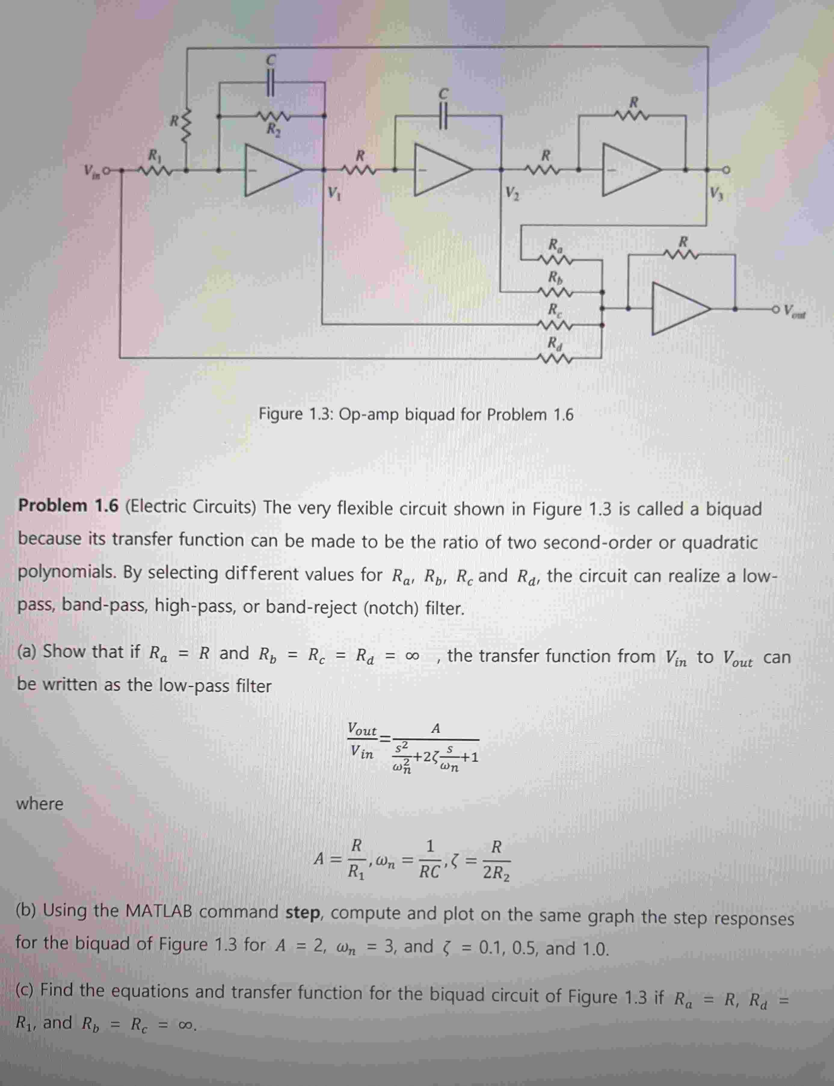 Solved Figure 1.3: Op-amp biquad for Problem 1.6Problem | Chegg.com